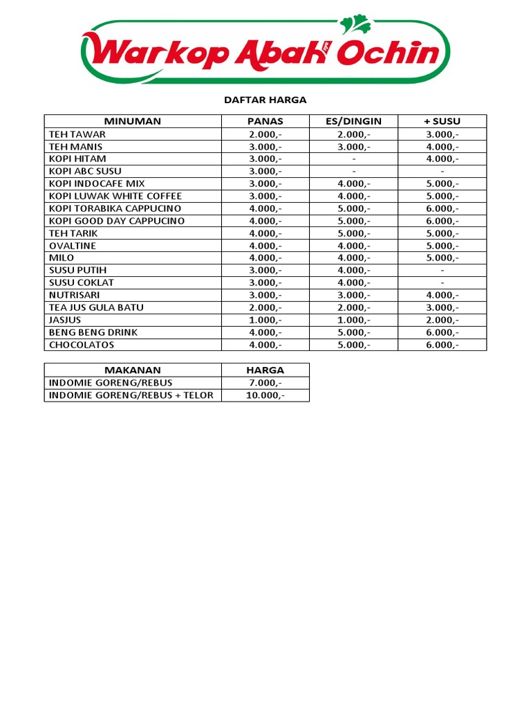 Daftar Harga Warkop | PDF