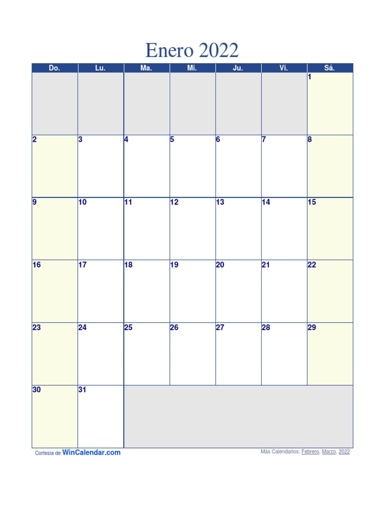 Calendario de enero 2022 en blanco | PDF