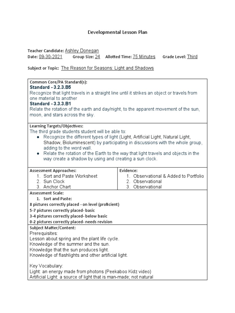 Summer Lesson Plan | PDF | Light