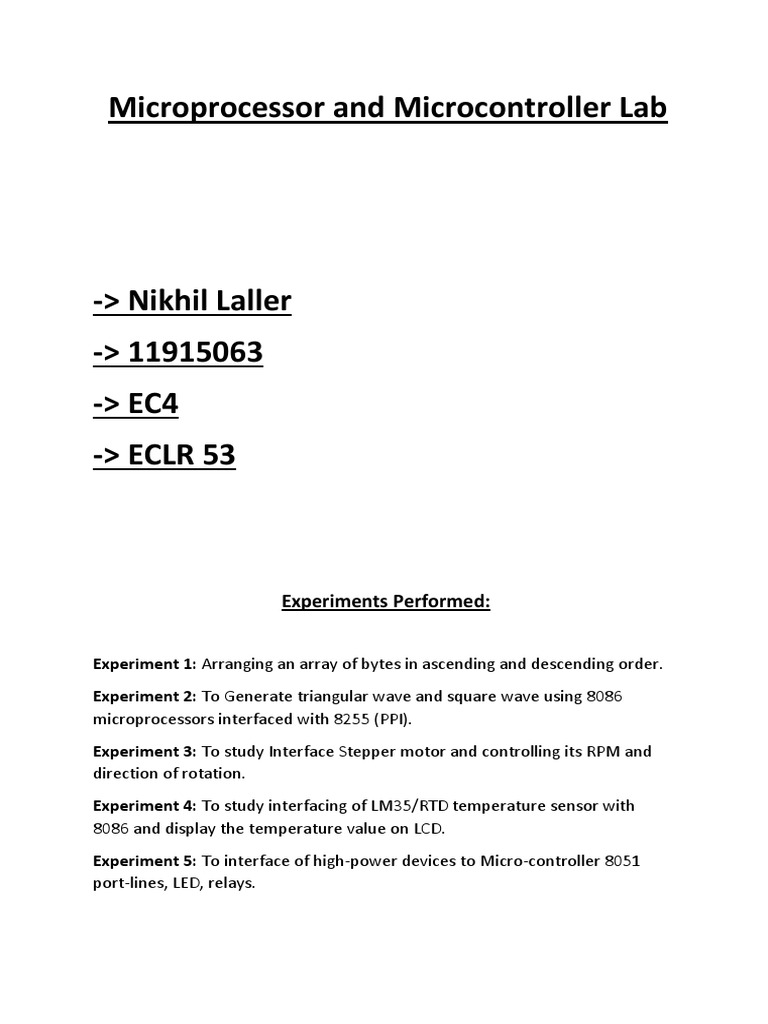 Microprocessor and Microcontroller Lab: Experiments Performed | PDF ...