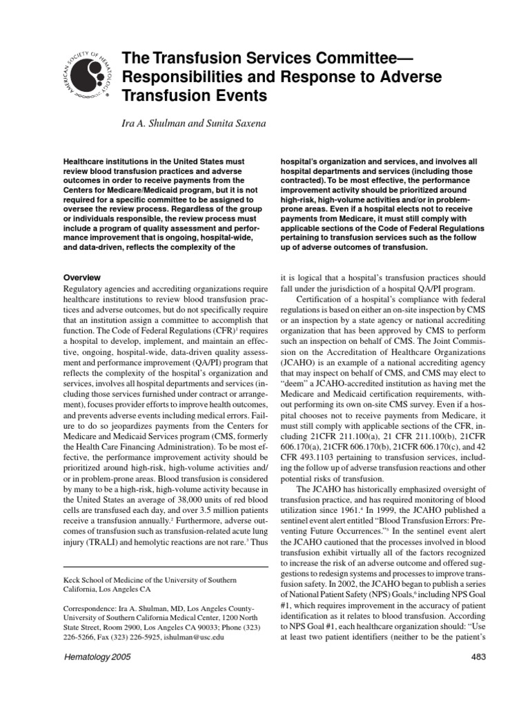 The Transfusion Services Committee - Responsibilities and Response To ...