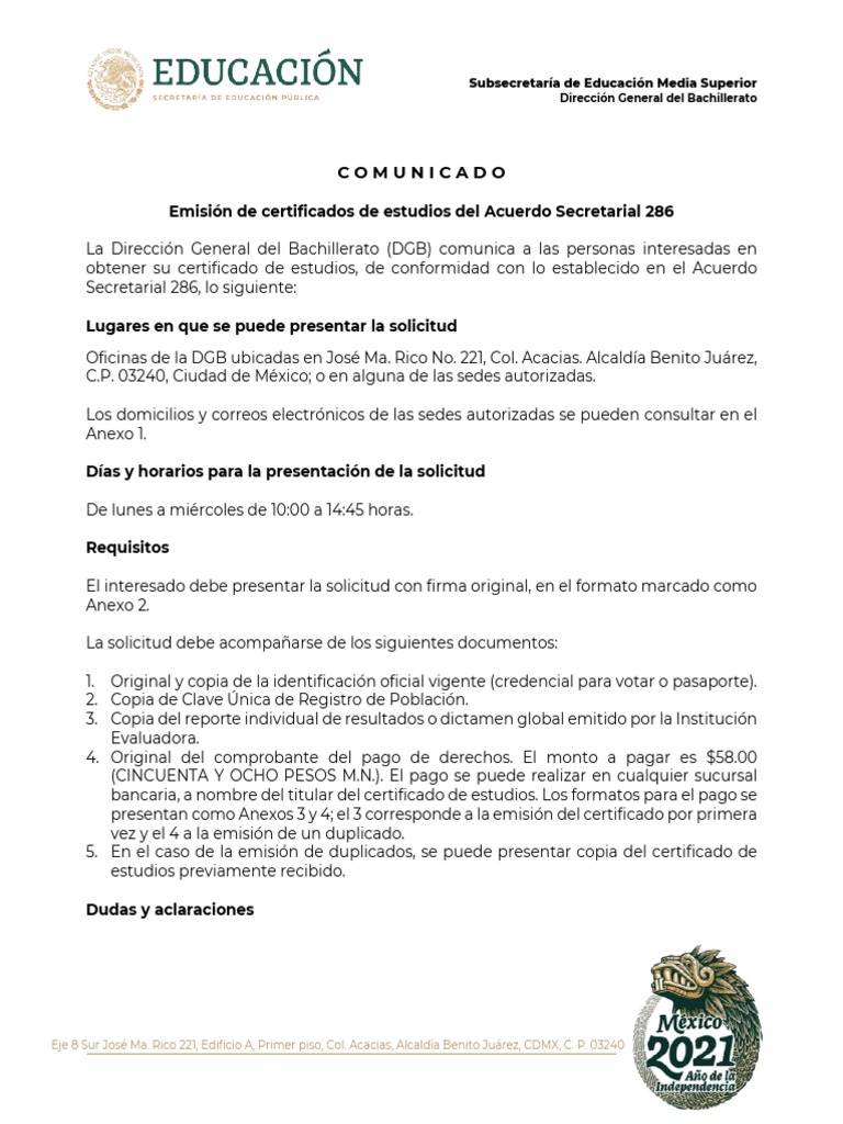 Comunicado Acuerdo 286 | PDF