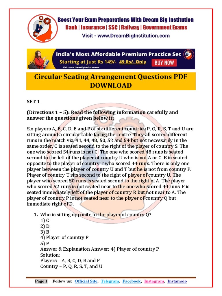 Circular Seating Arrangement Questions PDF | PDF