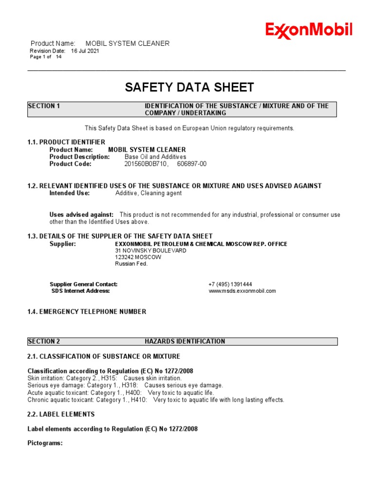 Safety Data Sheet: Product Name: Mobil System Cleaner | Download Free ...