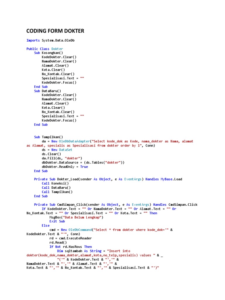 Coding Form Dokter: Imports Public Class Sub | Download Free PDF | Computing | Computer Programming