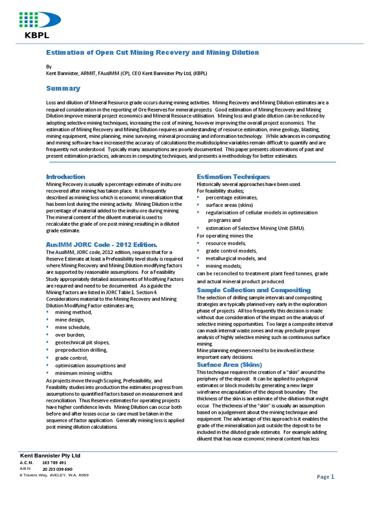 Mining Recovery and Dilution Estimation | PDF | Mining | Mathematical ...