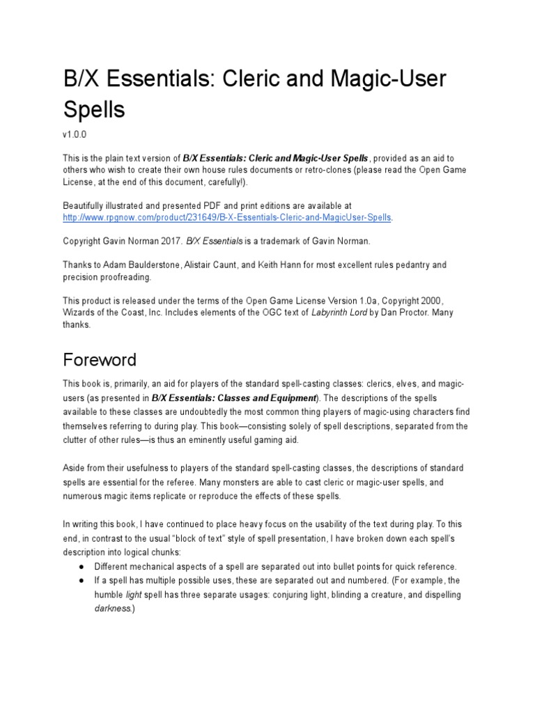 BX Essentials Cleric and Magic-User Spells - Plain Text Edition | PDF