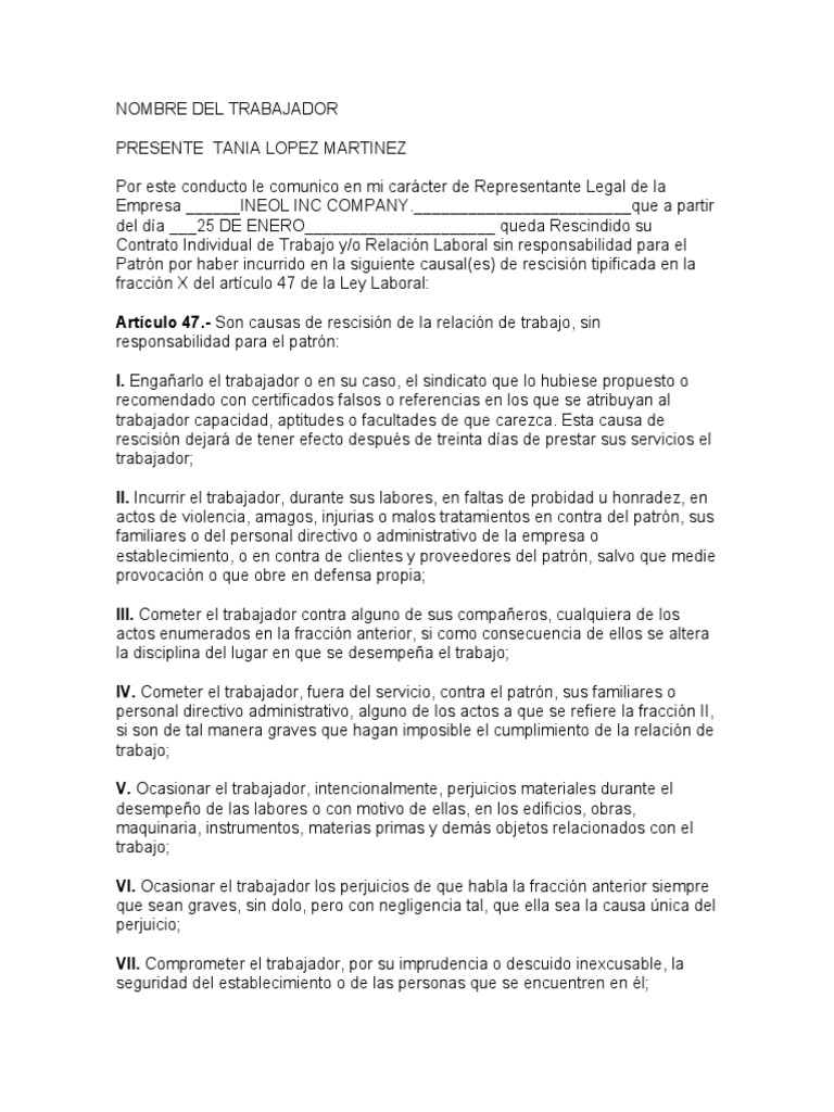 Rescisión de Contrato Laboral por Faltas | PDF | Derecho laboral ...