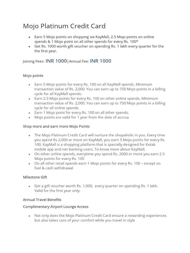 Mojo Platinum Credit Card: INR 1000 INR 1000 | PDF | Fee | Credit Card