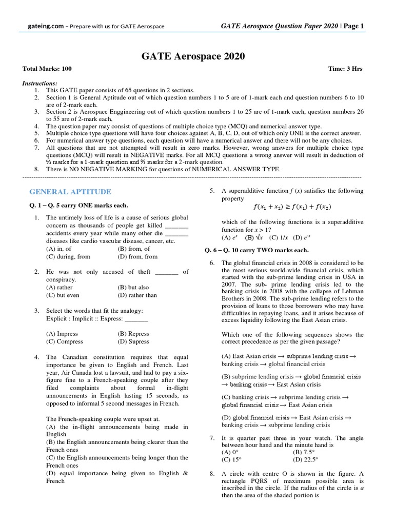 GATE Aerospace 2020 Paper | PDF | Vortices | Airfoil