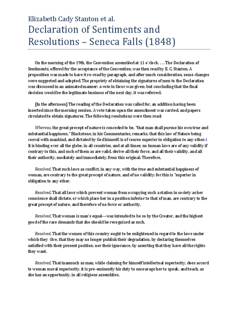 Seneca Falls Declaration of Sentiments and Resolutions (1848 | PDF ...