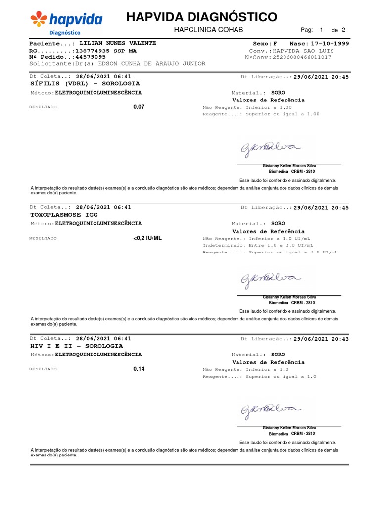 Hapvida Diagnóstico: Sífilis (VDRL) - Sorologia | PDF | Especialidades médicas | Medicina Clínica