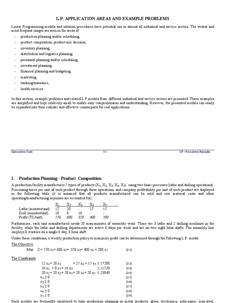 L.P. Application Areas and Example Problems: Optimization Tools 3.1 LP ...