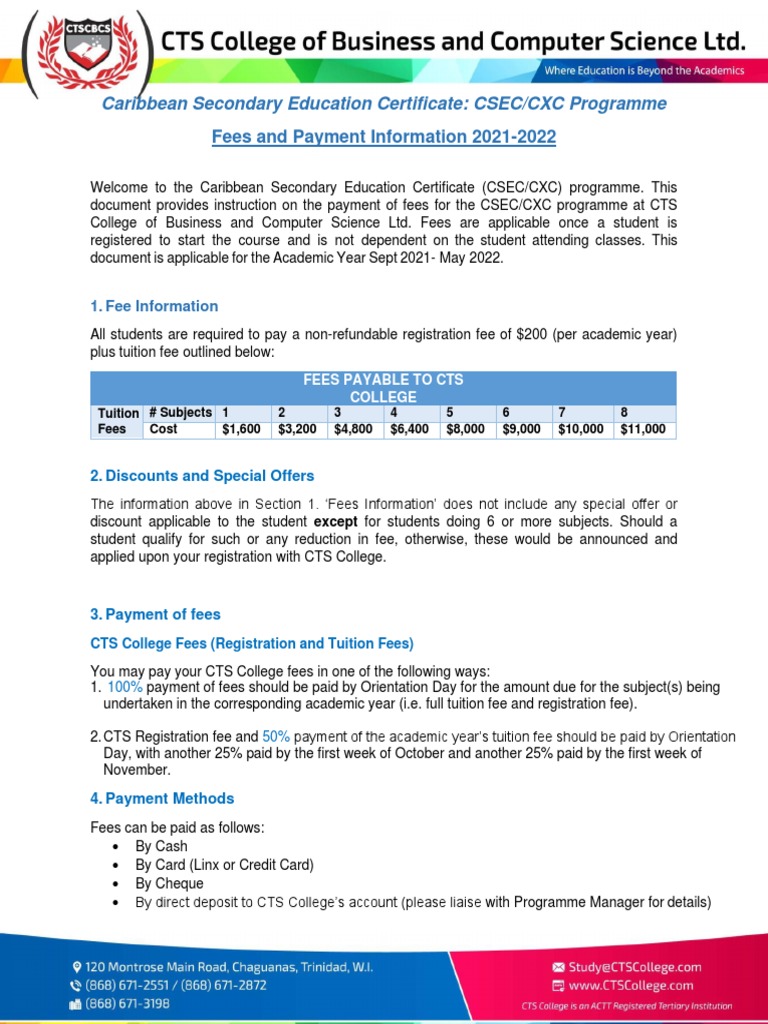 CTS College CSEC/CXC Fees 2021-2022 | PDF | Fee | Tuition Payments