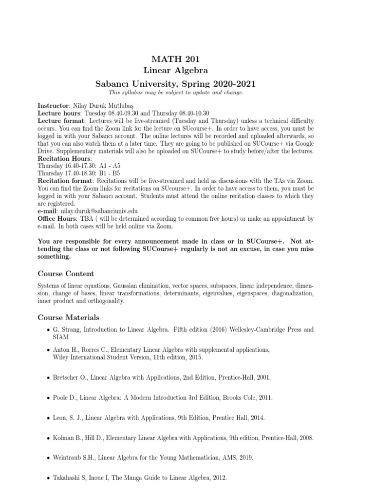 Math 201 Spring 2021 Syllabus | PDF | Eigenvalues And Eigenvectors ...