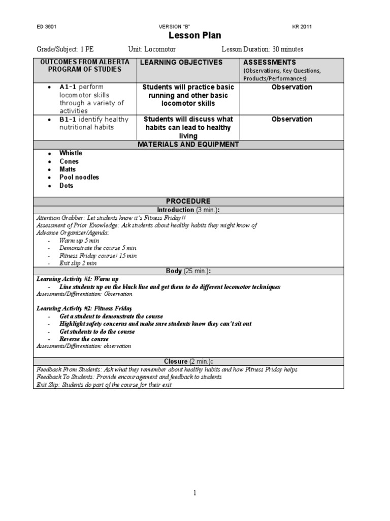 Lesson Plan: Grade/Subject: 1 PE Unit: Locomotor Lesson Duration: 30 ...