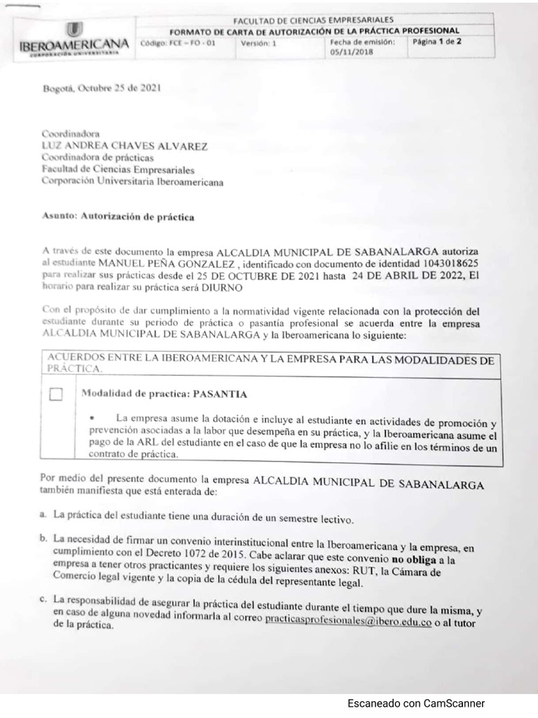 Carta de Autorizacion de Practicas. | PDF
