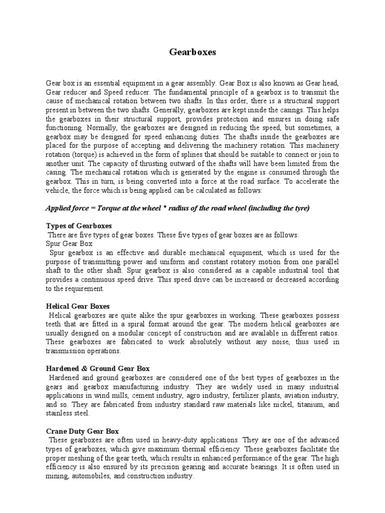 Gearboxes Classification | PDF | Transmission (Mechanics) | Gear