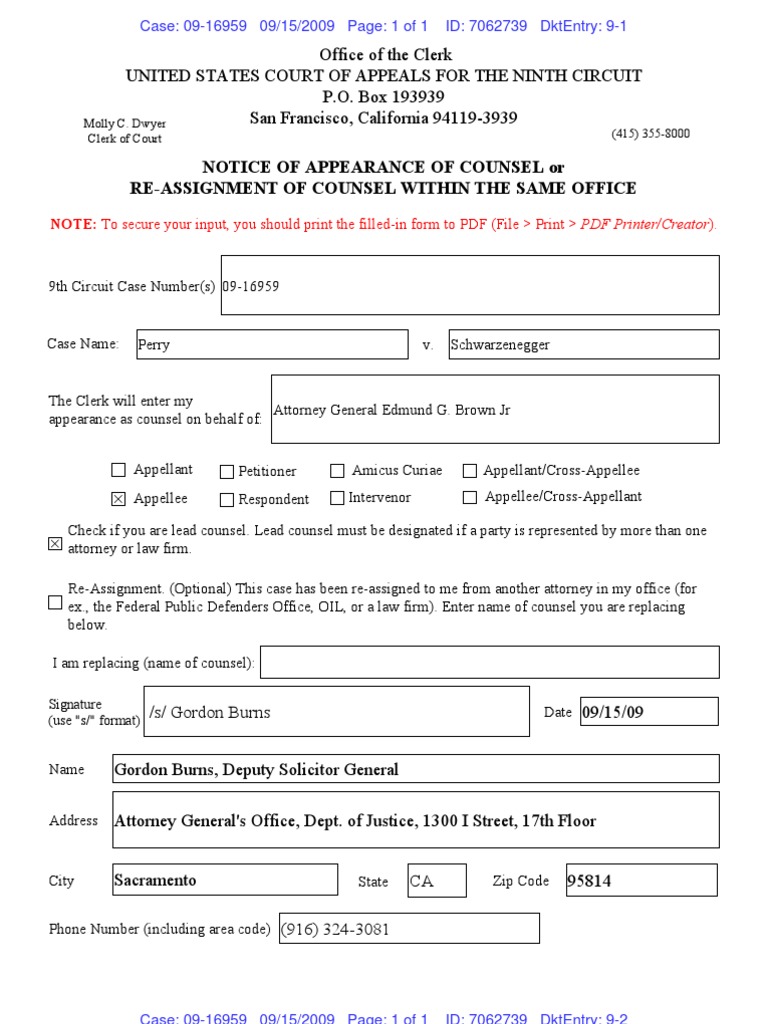Notice of Appearance of Counsel or Re-Assignment of Counsel Within The ...
