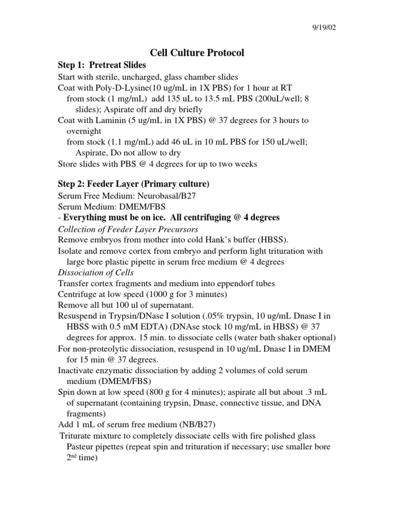 Cell Culture Protocol: Step 1: Pretreat Slides | PDF | Biotechnology ...