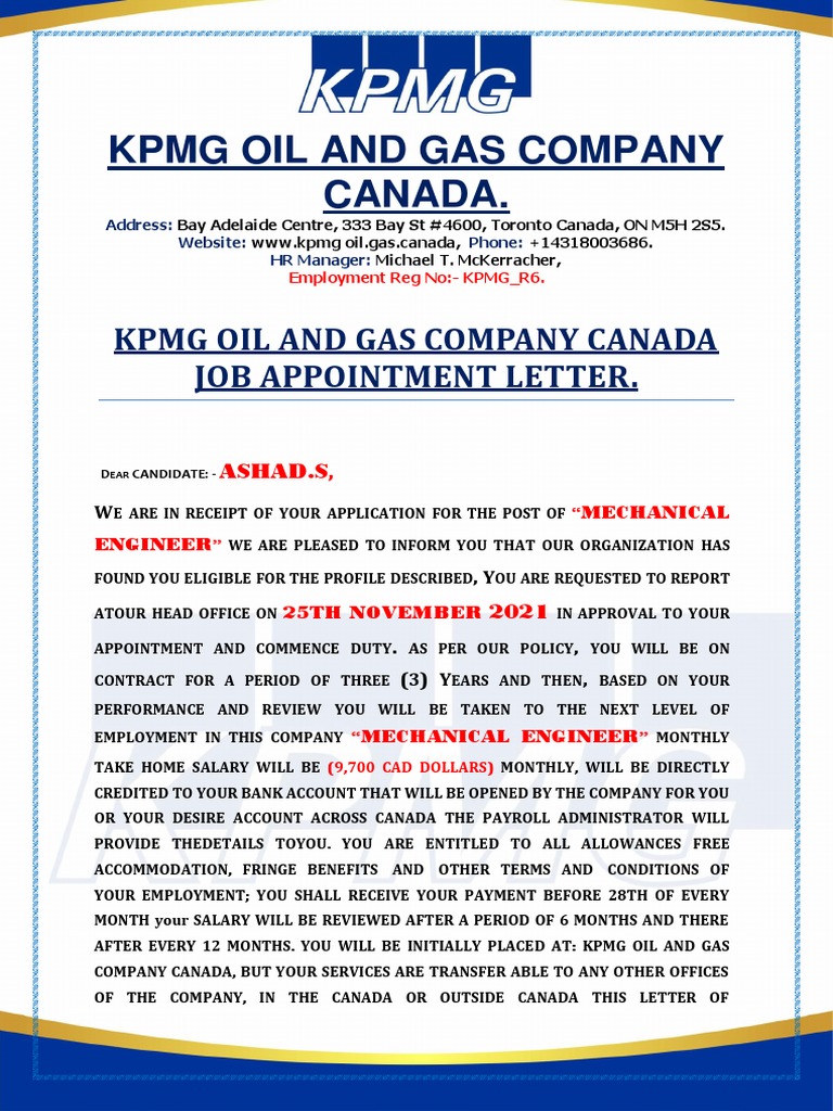 KPMG Oil and Gas Company Canada Appointment Letter. | PDF | Travel Visa ...