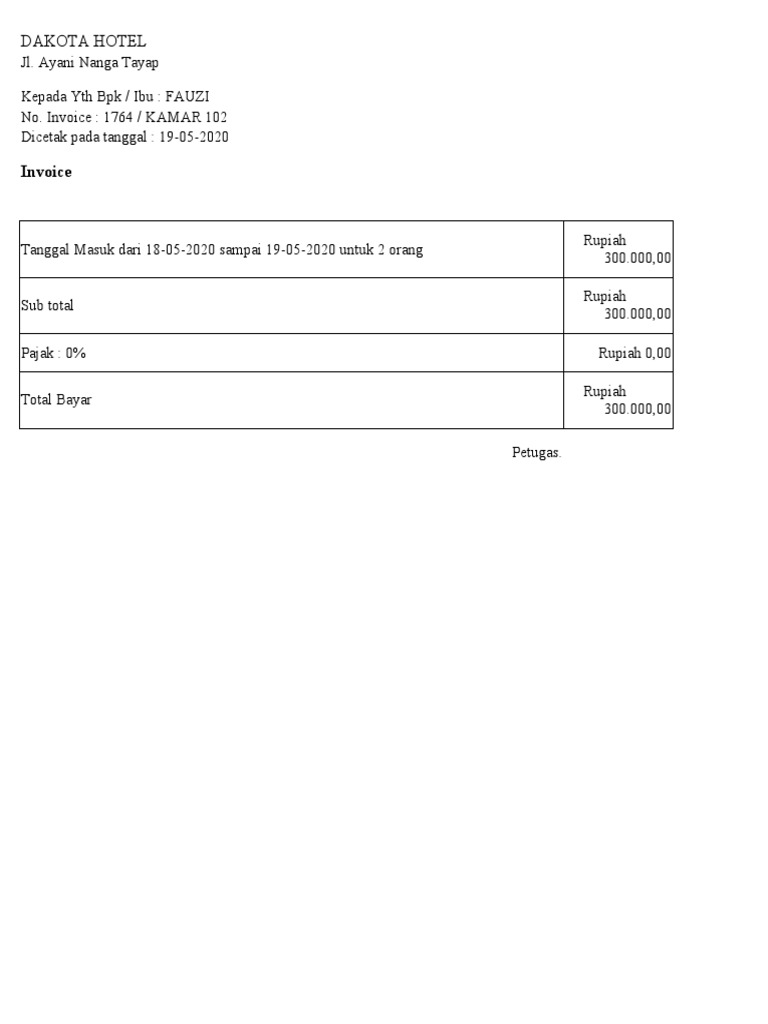 Invoice Kamar Dakota Hotel | PDF