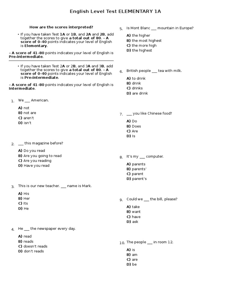 English Level Test PDF Elementary A1 With Answers Englishtestpdf | PDF
