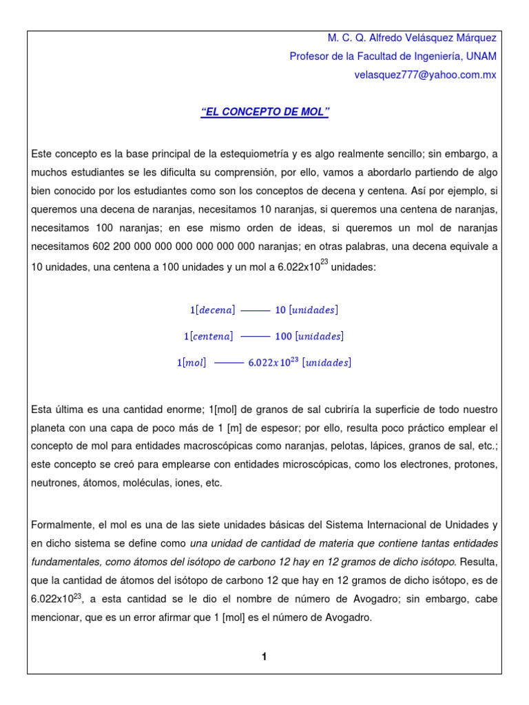 "El Concepto de Mol": M. C. Q. Alfredo Velásquez Márquez Profesor de La Facultad de Ingeniería ...
