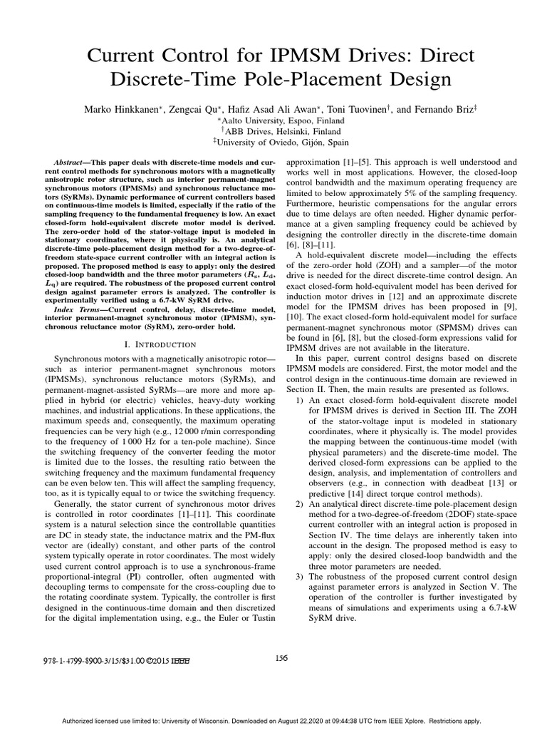 Current Control For IPMSM Drives Direct Discrete-Time Pole Placement Design | PDF | Control ...