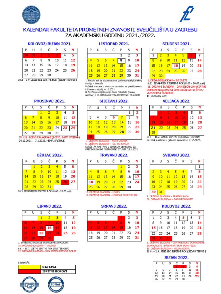 Akademski Kalendar Za 2021. - 2022. Godinu | PDF