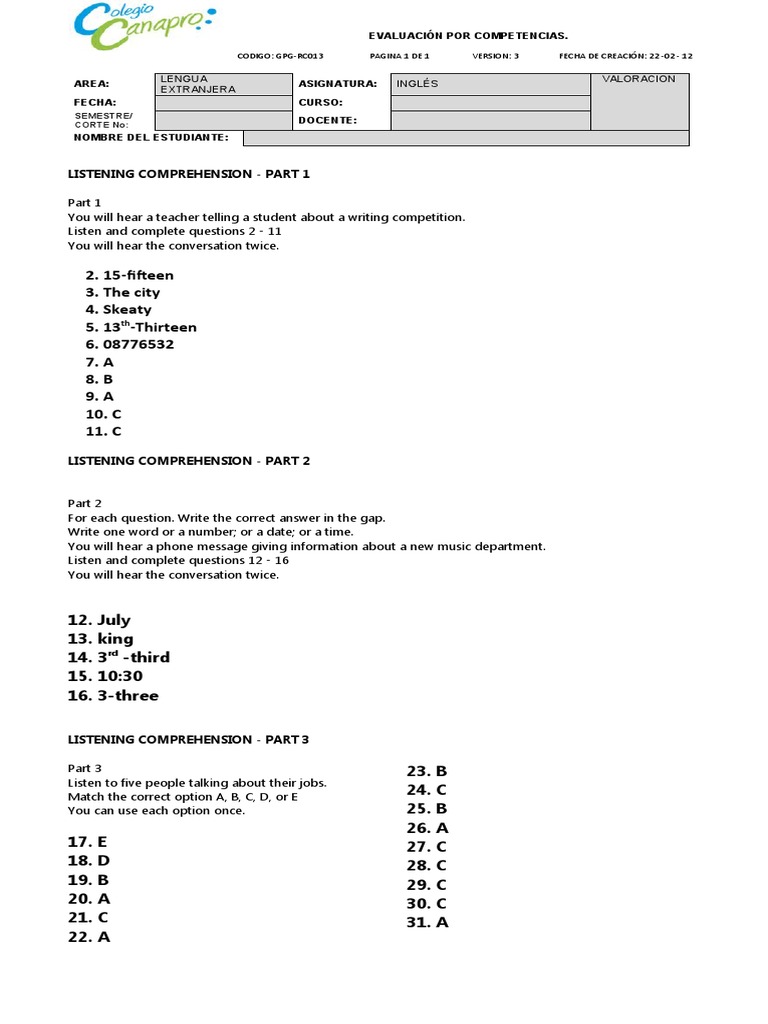 Listening English Ket Test - Answer Key | PDF