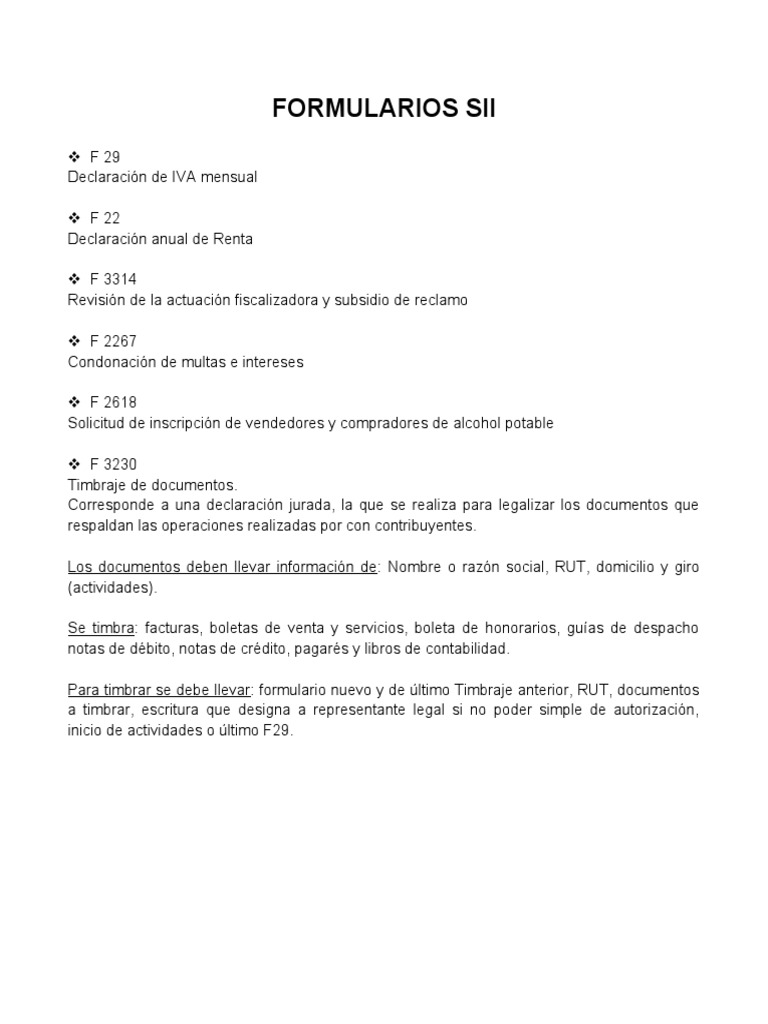 Listado de Formularios SII y Requisitos | PDF | Economias
