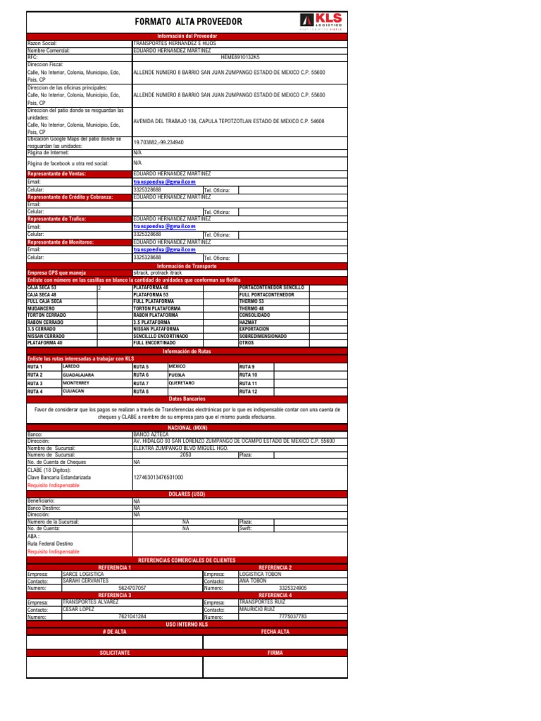 Formato Alta Proveedor Kls-Logistics 2021 | PDF | Bancario | Pagos