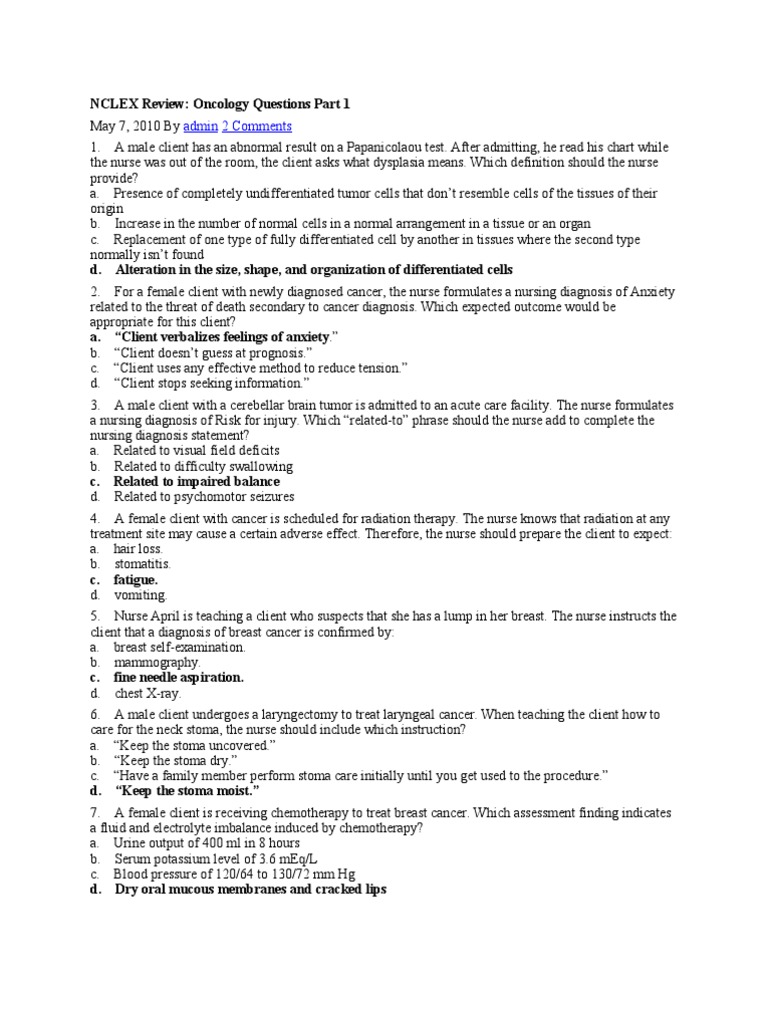 Oncology NCLEX Review Questions | PDF | Breast Cancer | Cancer