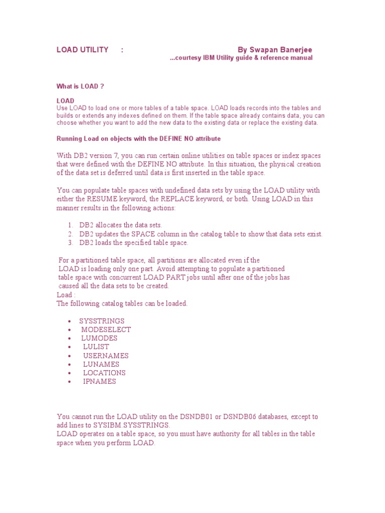 Load Utility: by Swapan Banerjee: ... Courtesy IBM Utility Guide ...