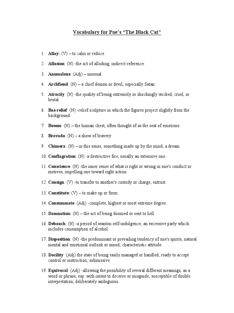 Vocabulary for "The Black Cat" | PDF