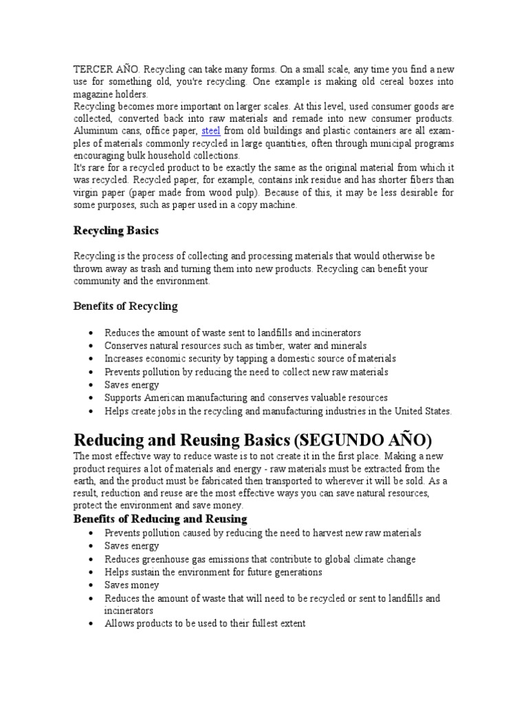 Reducing and Reusing Basics (SEGUNDO AÑO) | PDF | Recycling | Waste