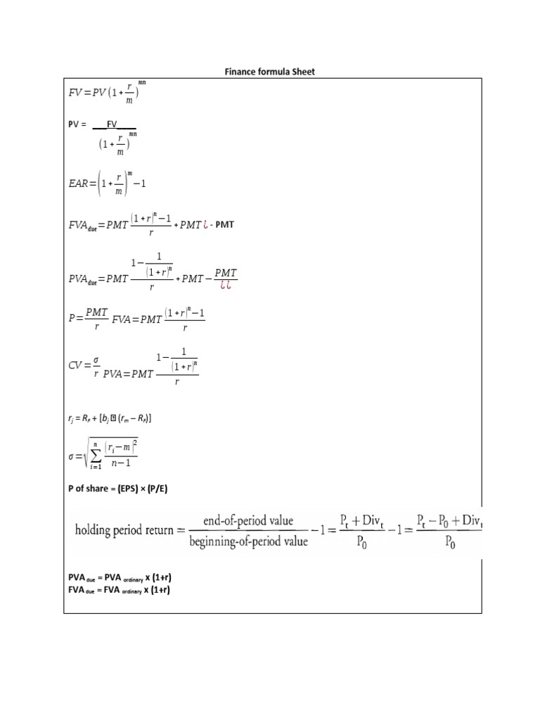 Finance Formula Sheet | PDF