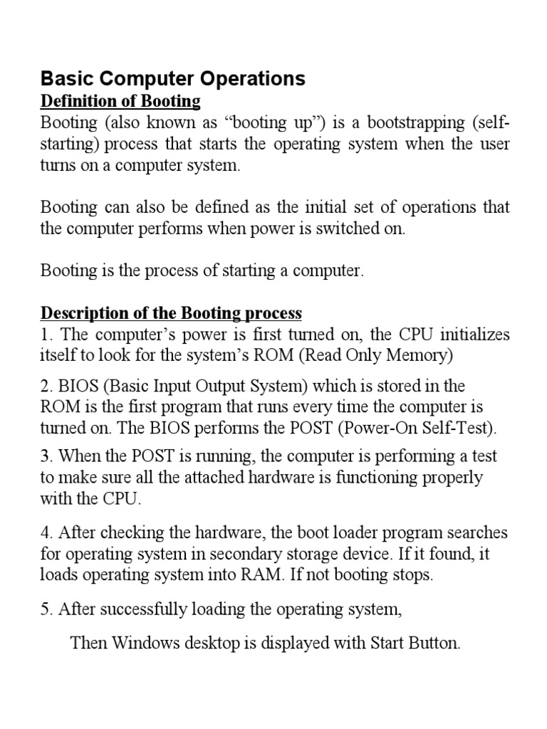 Basic Computer Operations | PDF | Booting | Bios