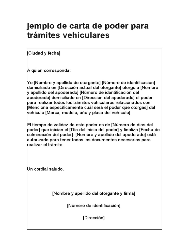 Jemplo de Carta de Poder para Trámites Vehiculares | PDF