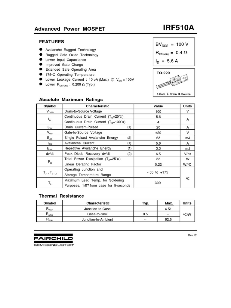 IRF510A: Advanced Power MOSFET | PDF | Field Effect Transistor | Diode