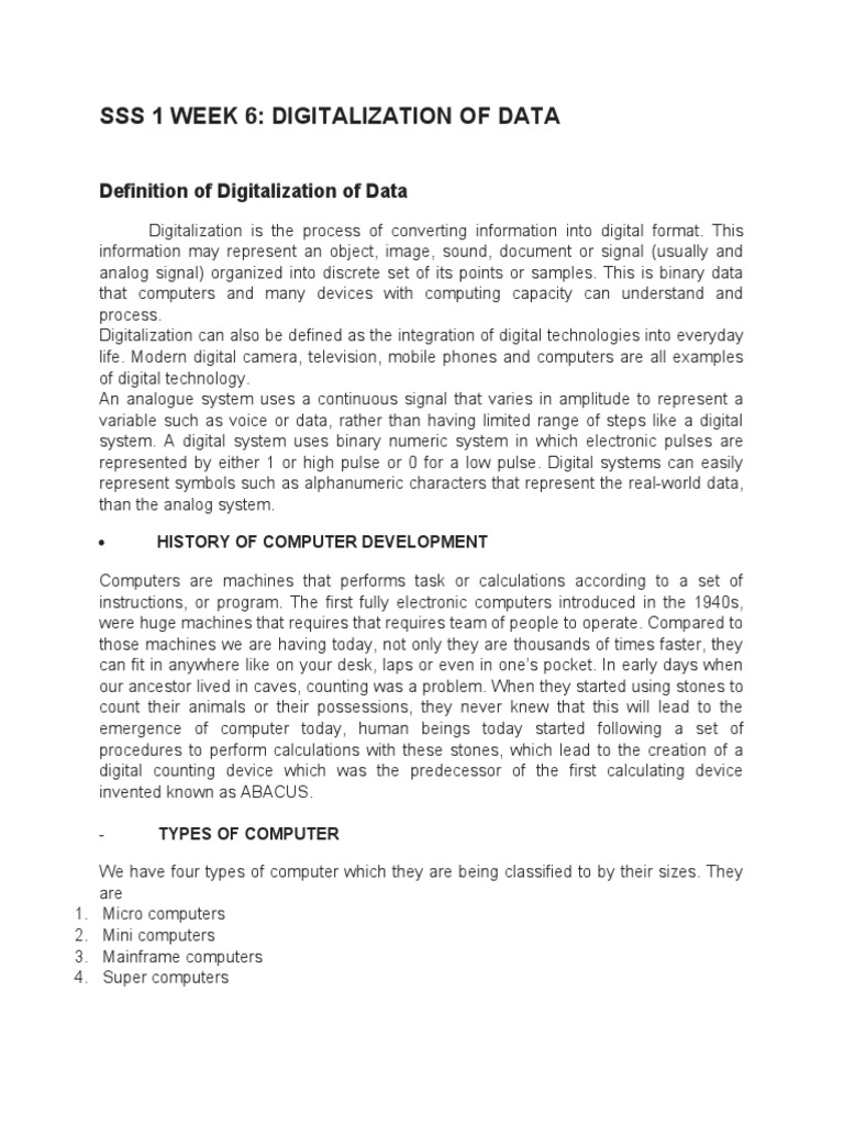 Sss 1 Week 6 Digitalization Of Data Download Free Pdf Central
