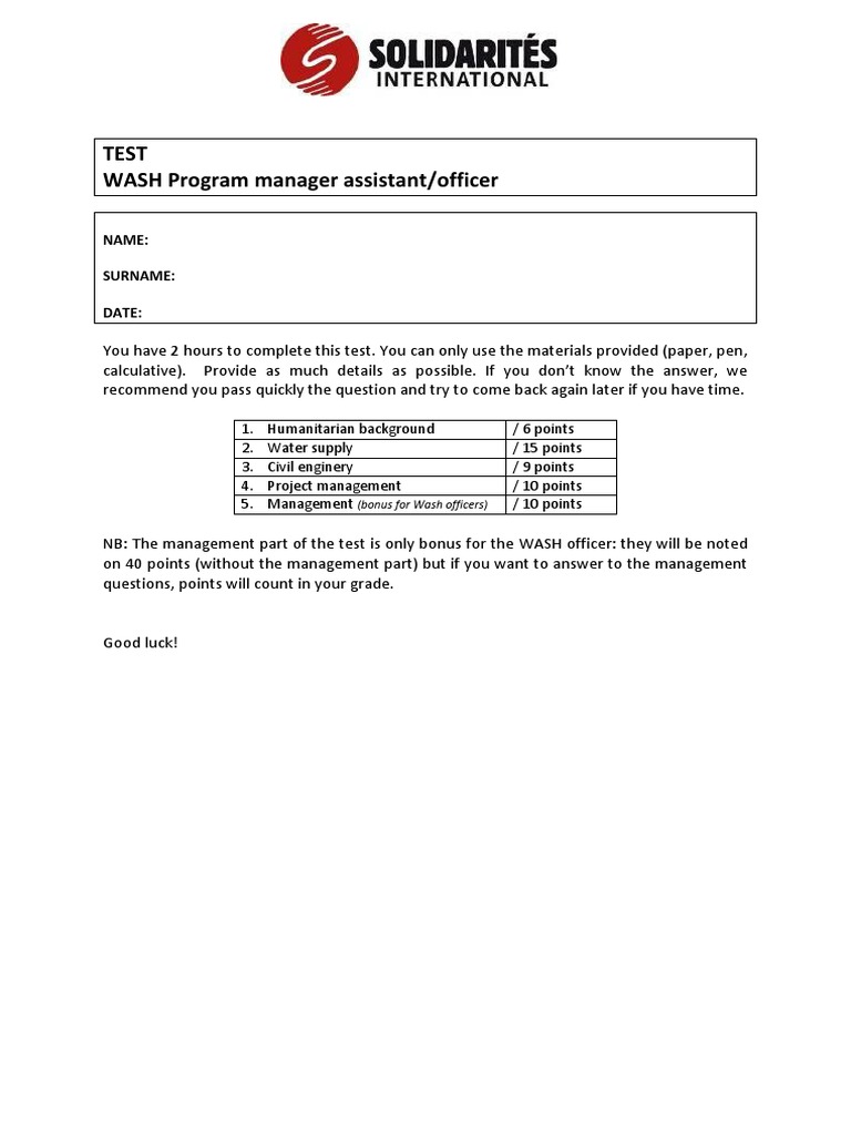 WASH Officer Test Guidelines | PDF | Water Purification | Water