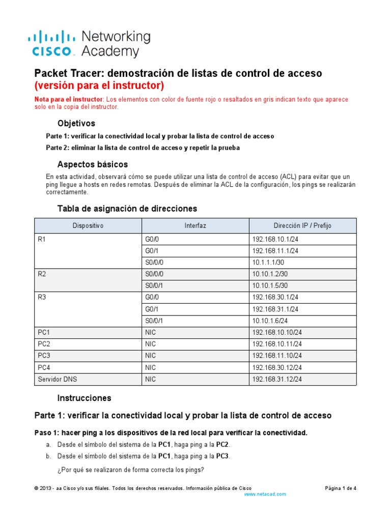 4.1.4 Packet Tracer - ACL Demonstration - ILM | PDF | Estándares de internet | Red de arquitectura