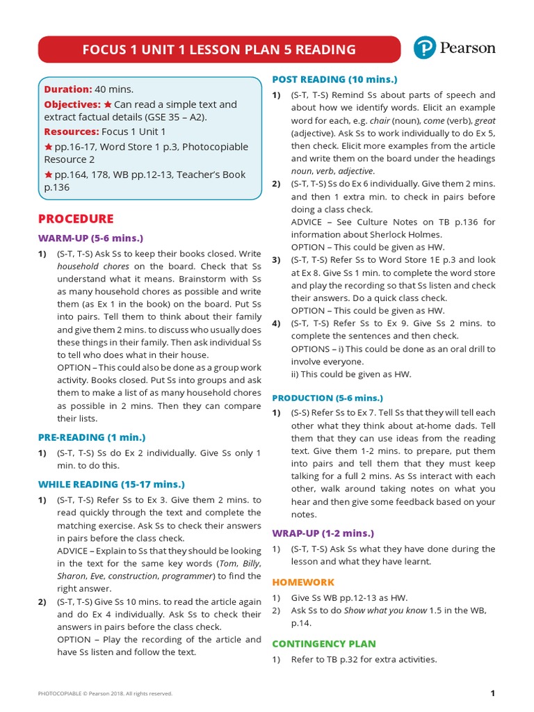 Focus 1 Unit 1 Lesson Plan 5 Reading: Procedure | PDF | Grammar ...