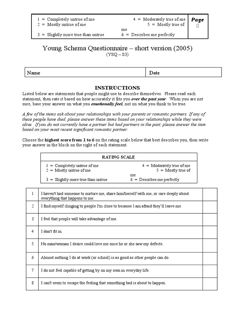 Schema Questionnaire Short Form | PDF | Cognition | Behavioural Sciences