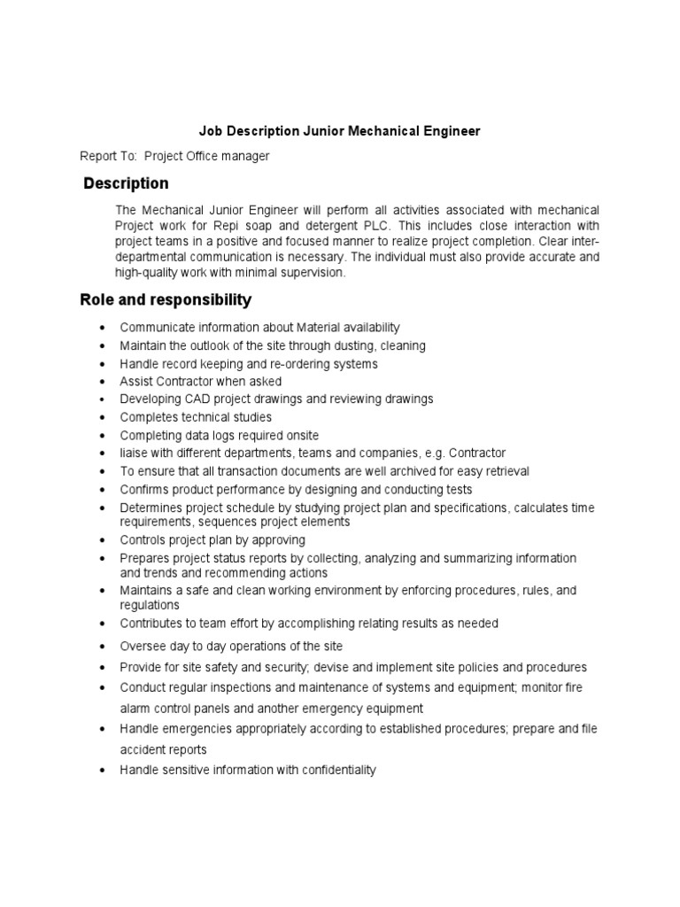 Job Description - Junior Mechanical Engineer | PDF | Engineer ...