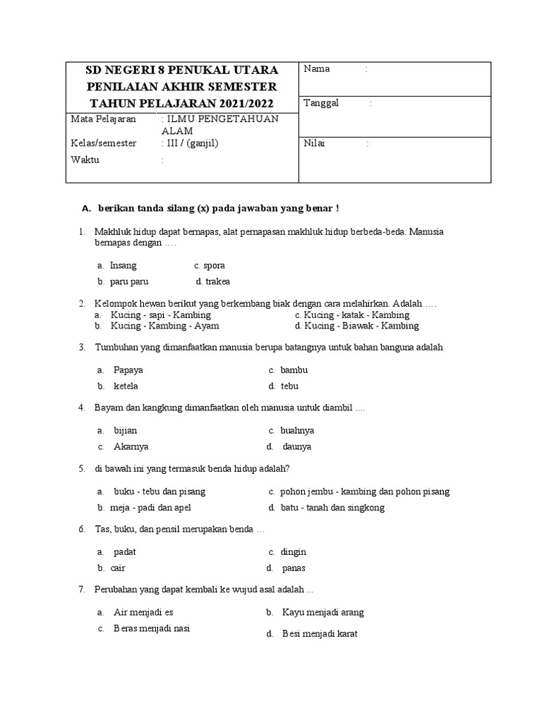 Soal Ipa Kls 3 Semester 1 (2021) | PDF