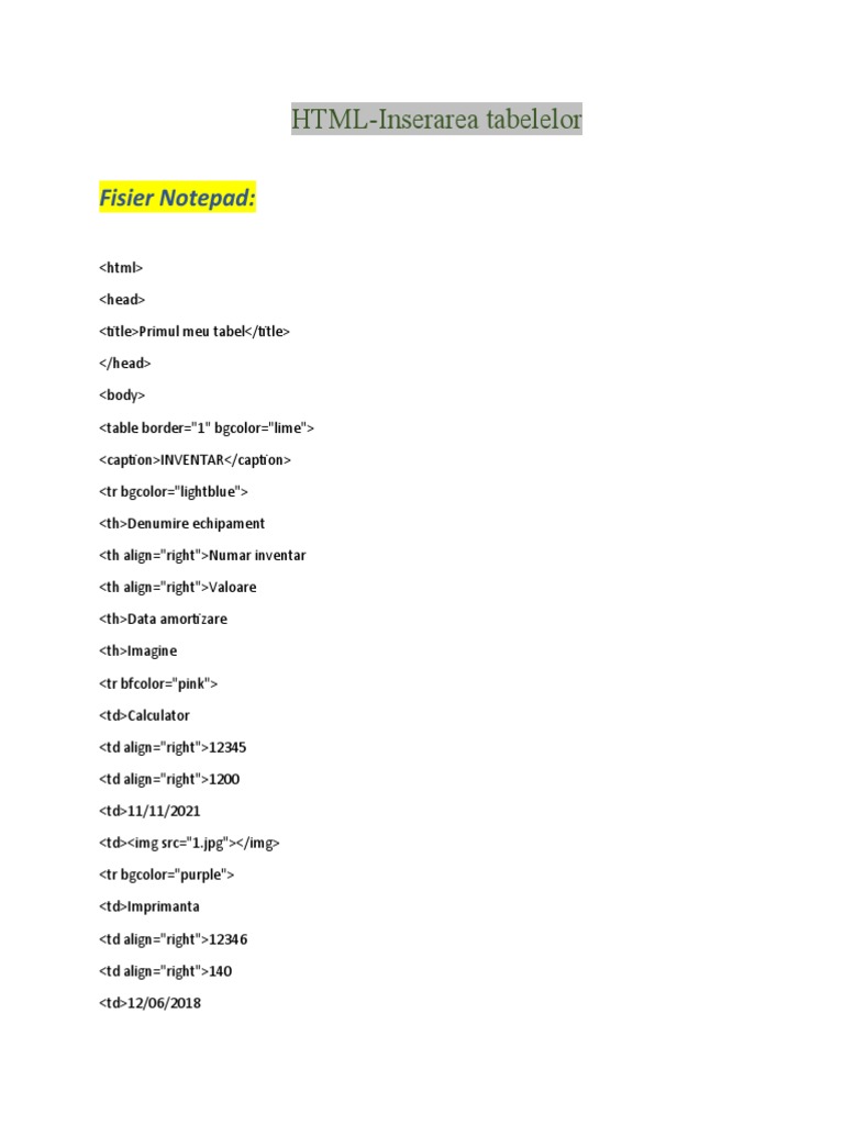 HTML-Inserarea Tabelelor: Fisier Notepad | PDF | Computers