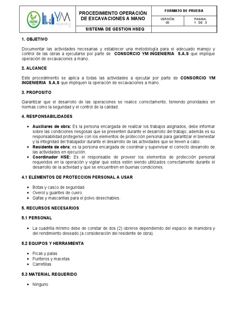 Procedimiento Operativo Excavaciones A Mano | PDF